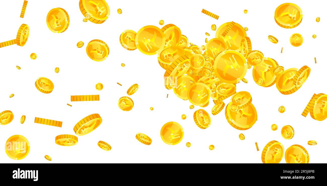 Indian rupee coins falling. Scattered gold INR coins. India money ...