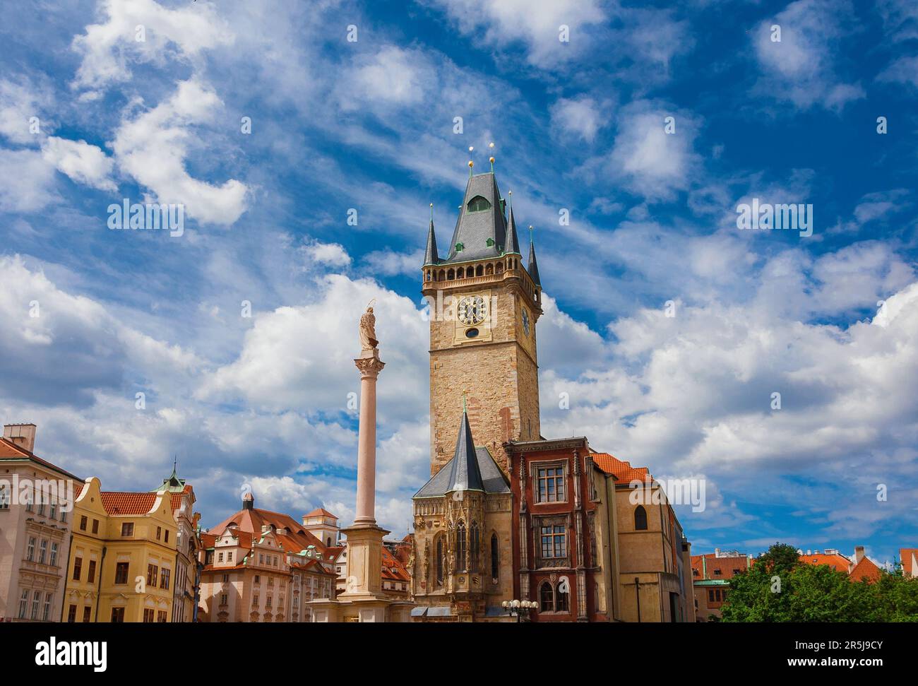 Old Town Hall medieval clock tower among clouds in Prague, a city ...