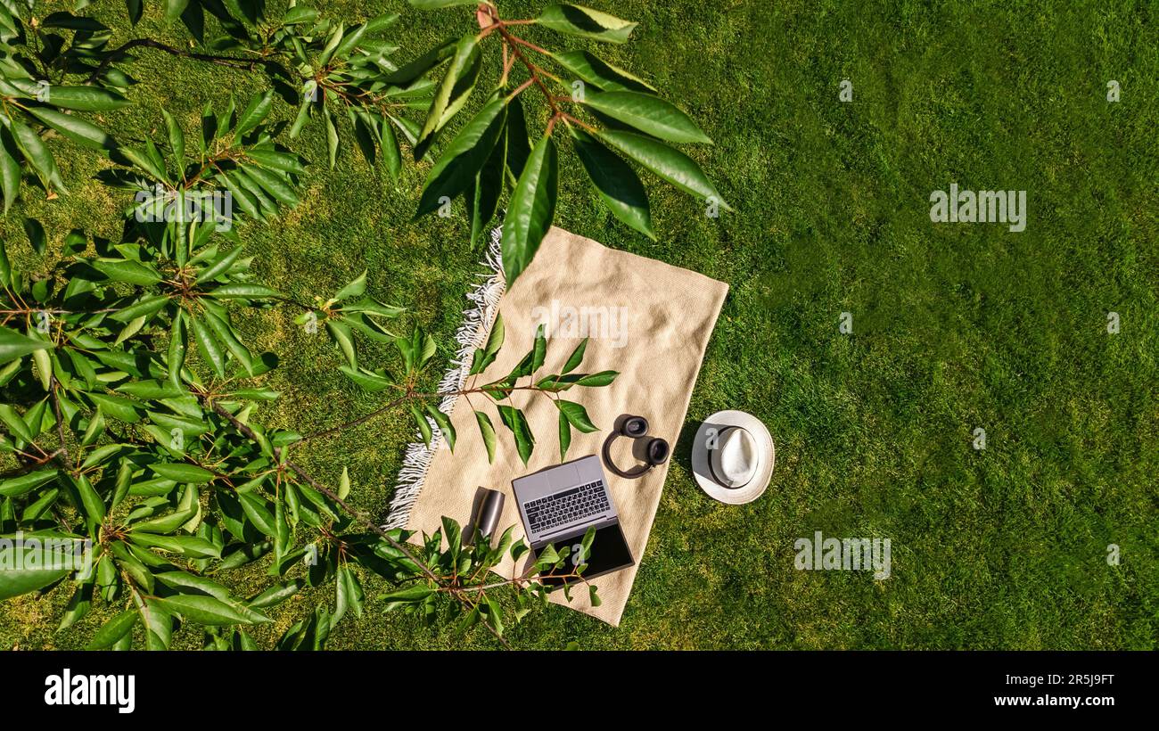 Laptop computer and headphones on park green grass, working and ...