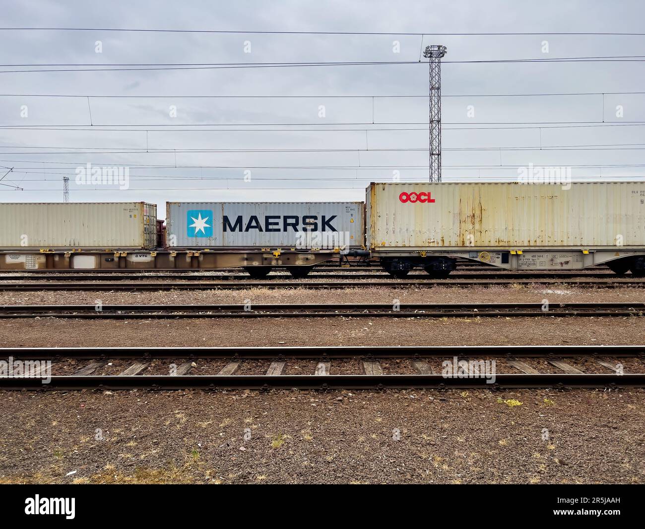 Novi Sad, Serbia - May 11, 2023: Maersk cargo container train wagon in ...