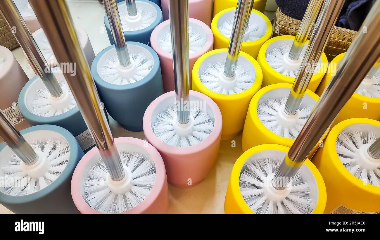 Various type of toilet brush with different size, shape and color are ...