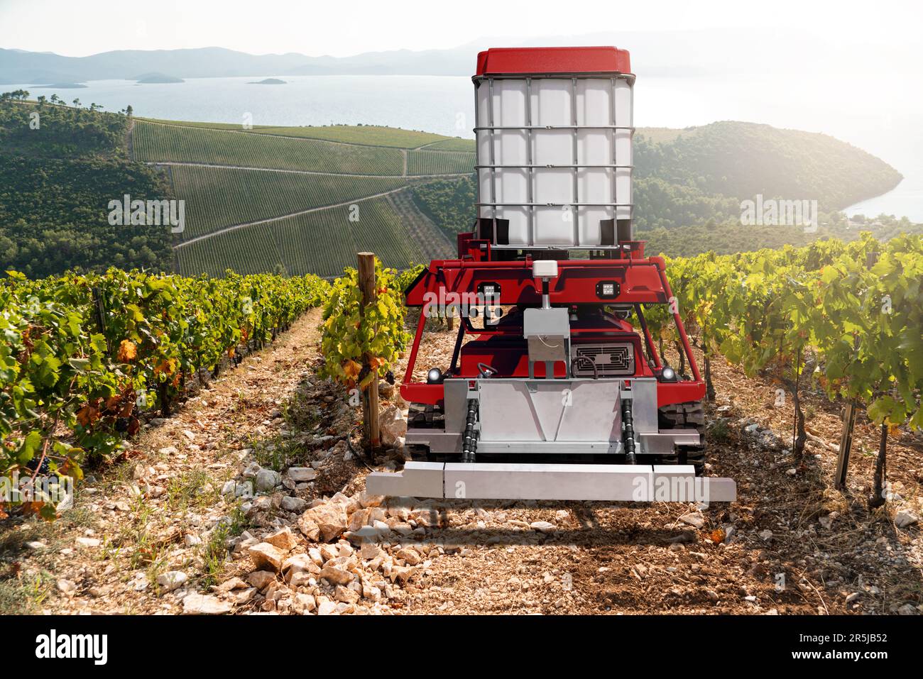 Autonomous robot sprayer works in a vineyard. Smart farming concept ...