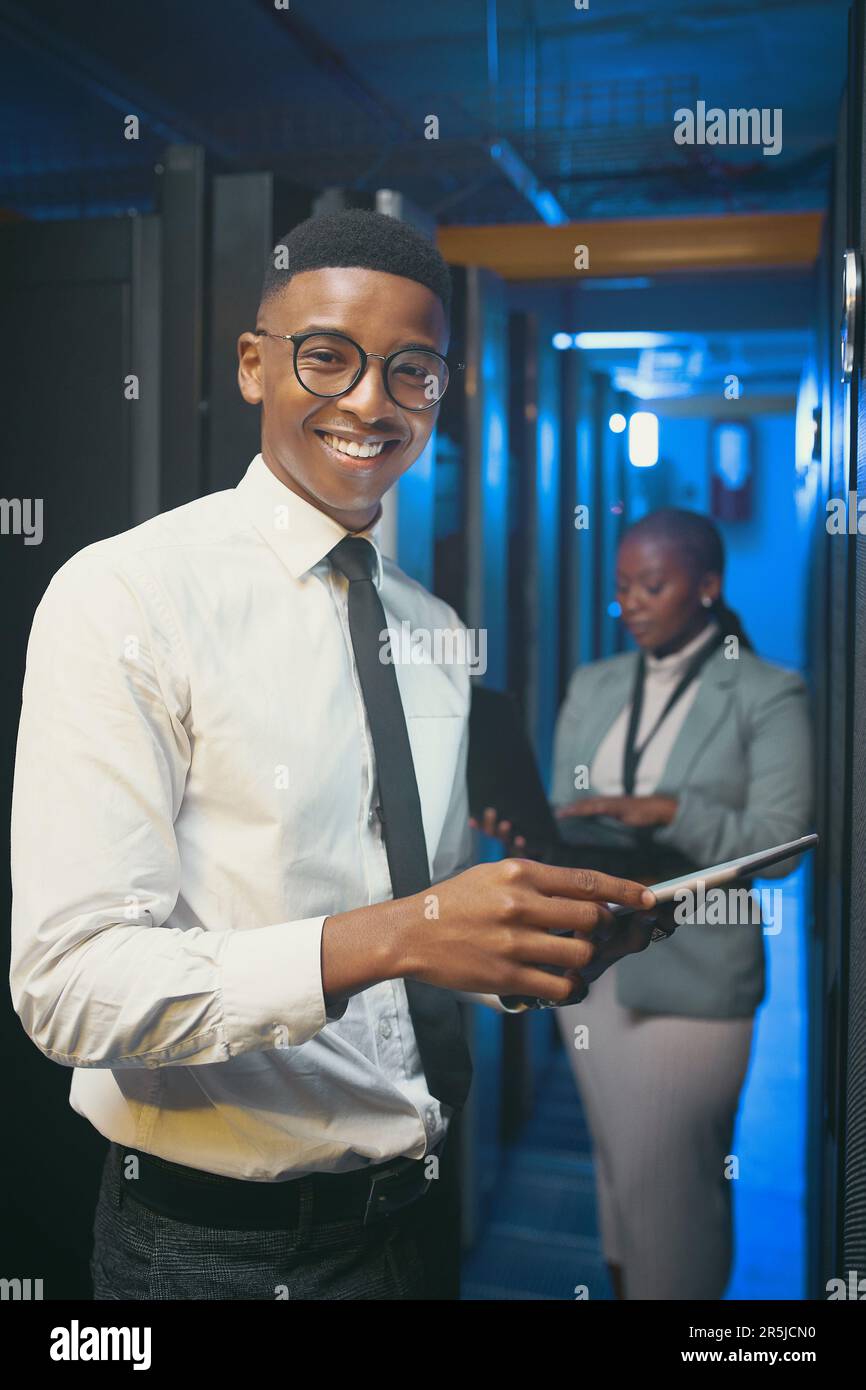 Fancy a go at my firewall. two young IT specialists standing together ...