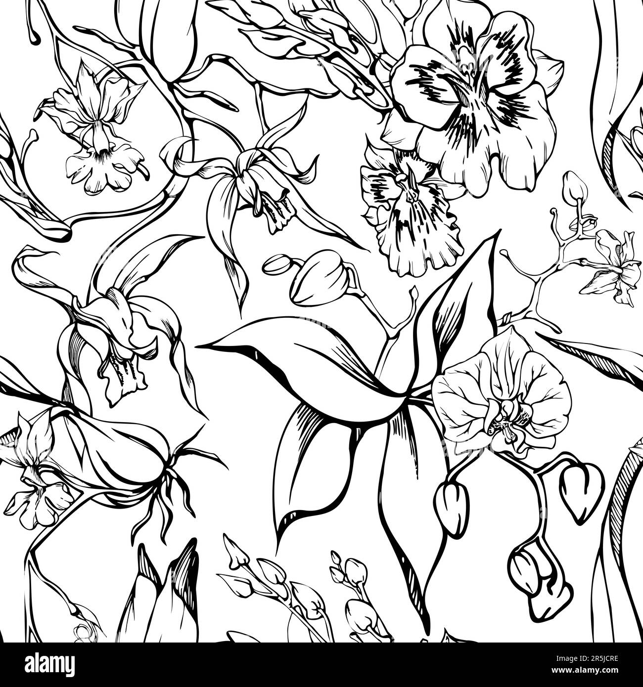 Hand drawn vector ink orchid flowers and branches, monochrome, detailed ...