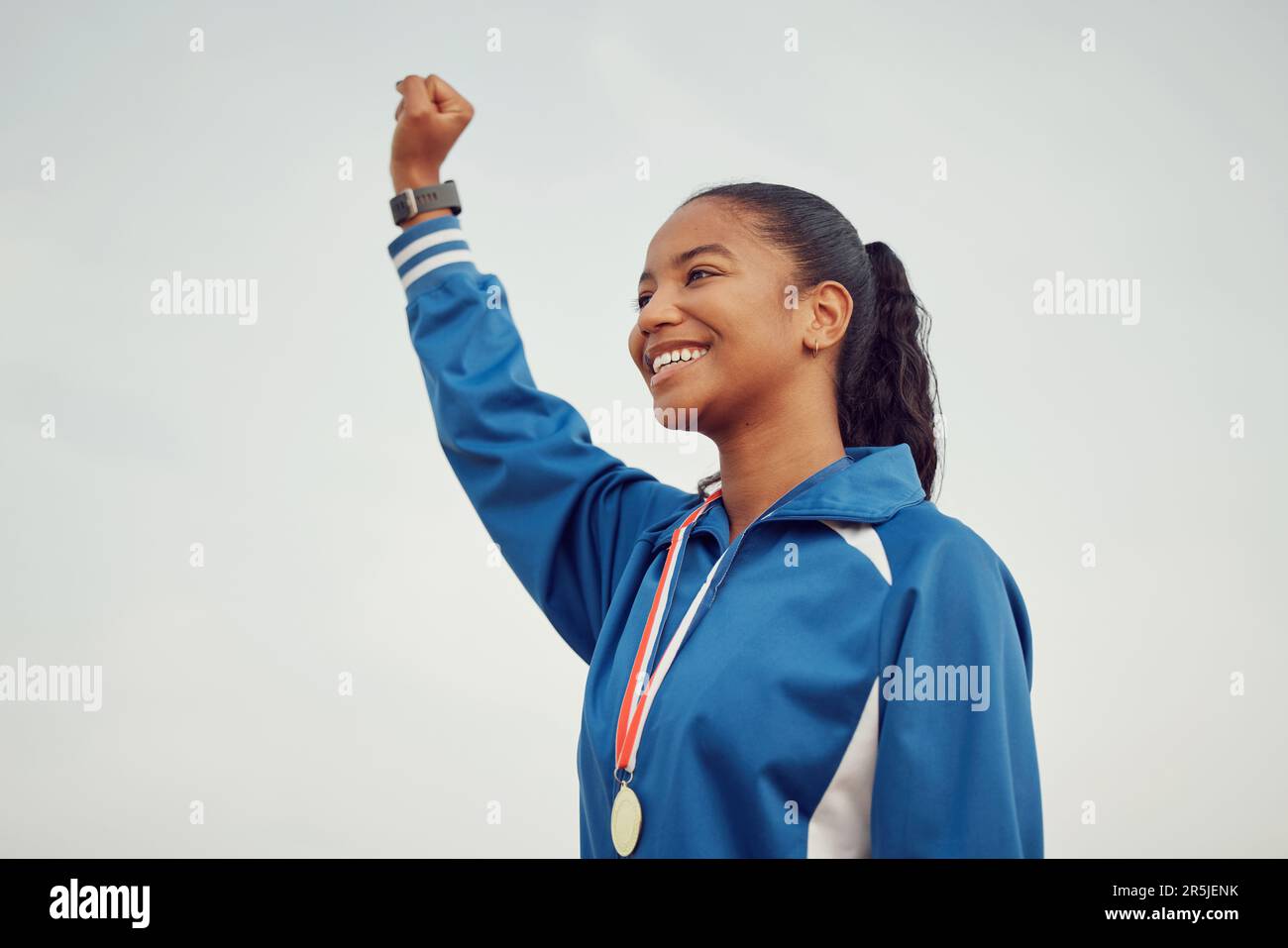 Happy woman, fist and celebration in sports for winning success or ...