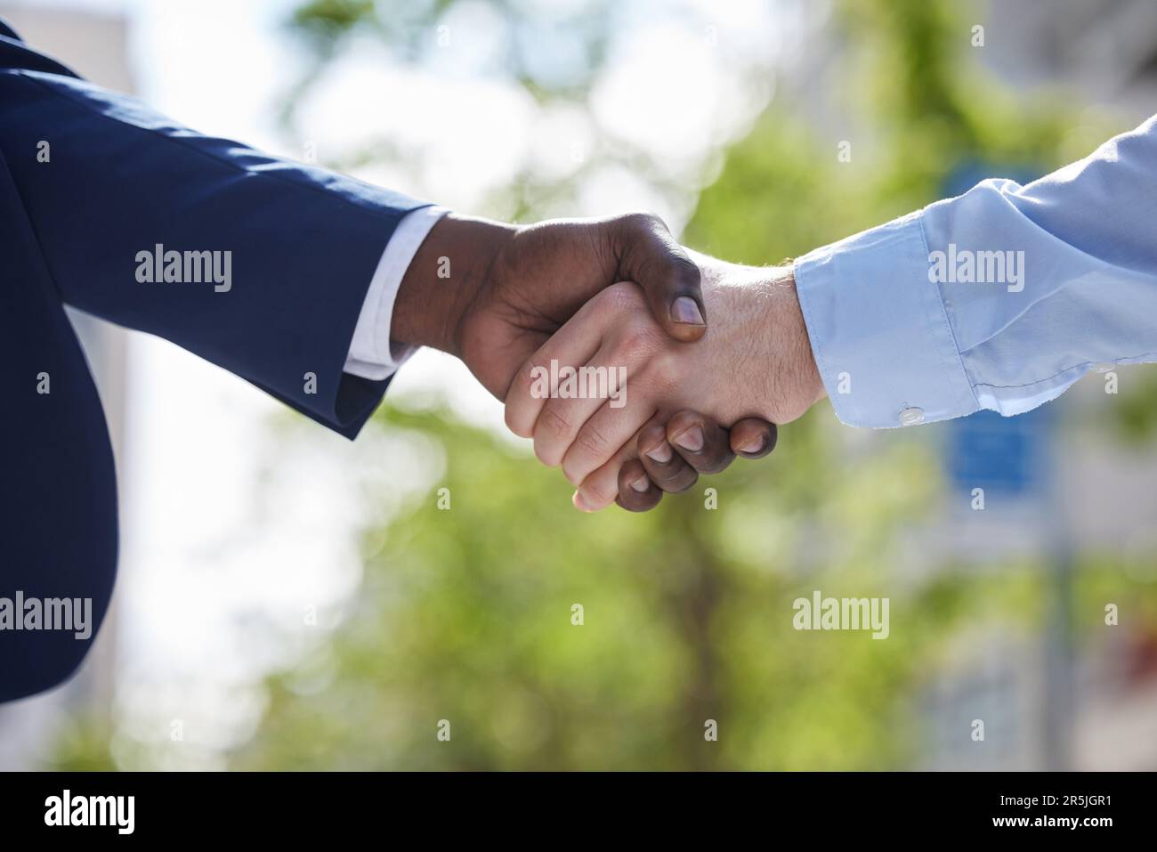 Black man, hiring or businessman shaking hands outside for b2b ...