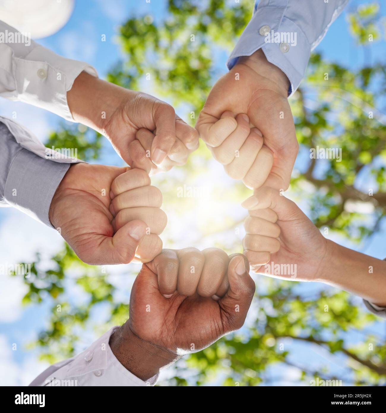 Fist bump, team building or hands of business people in nature for ...