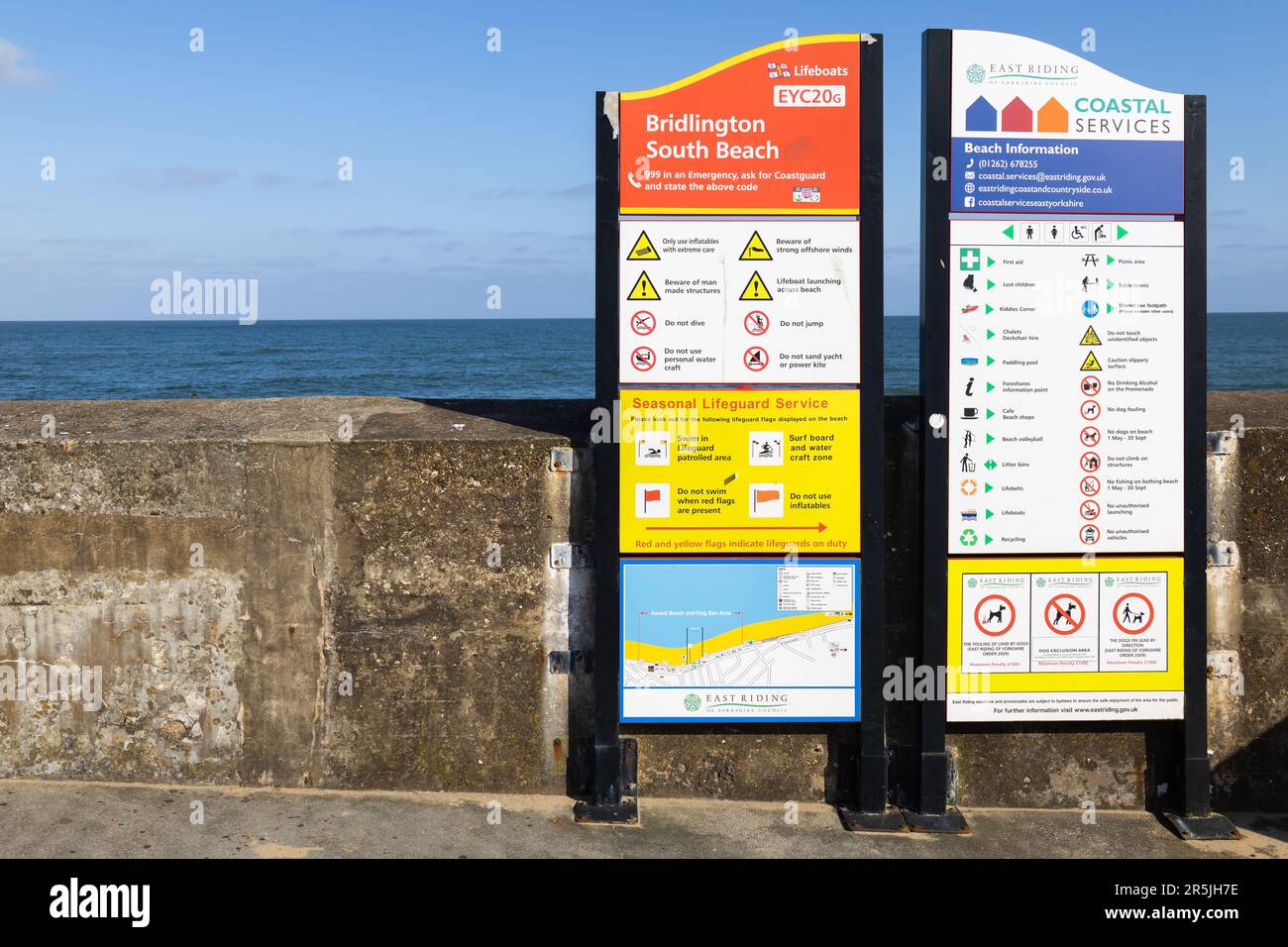 Information signs on the beach at Bridlington, England Stock Photo - Alamy