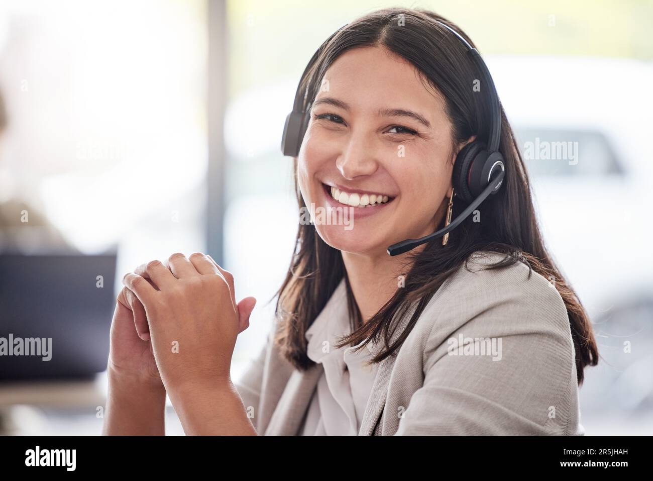 Portrait, woman and happy call center worker with headset, smile and ...