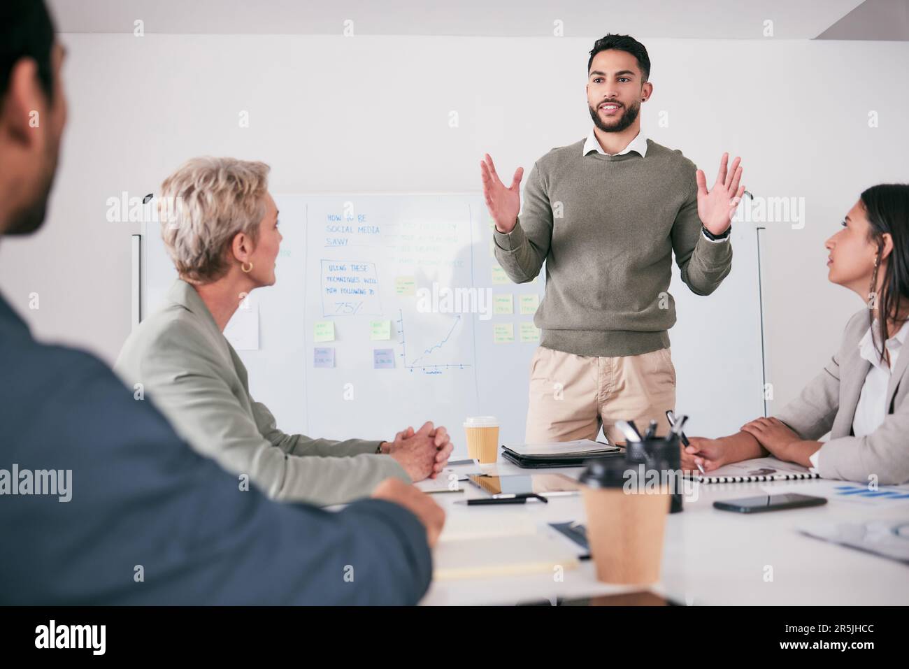 Business meeting, manager presentation and people on whiteboard for ...