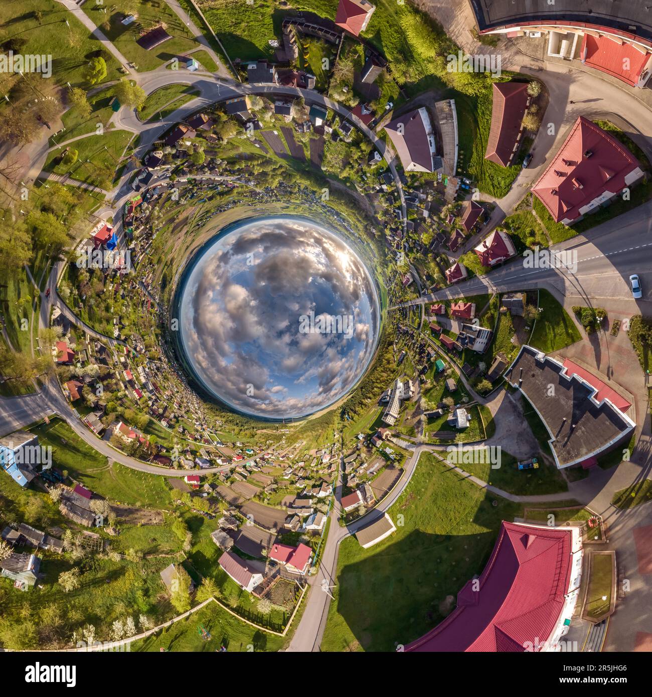 blue sphere inside overlooking old town, urban development, historic ...