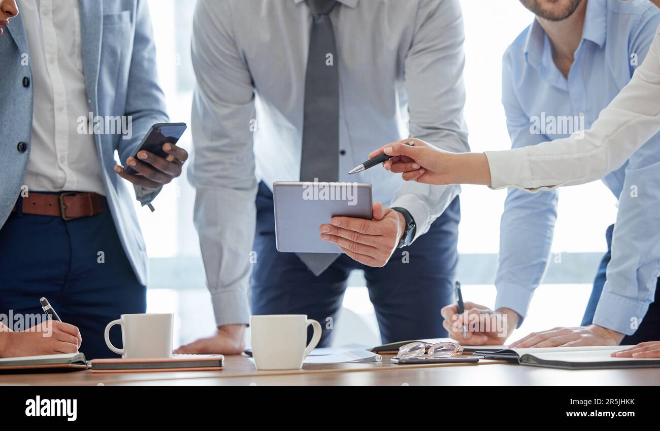 Closeup, business people and team brainstorming, technology and digital ...
