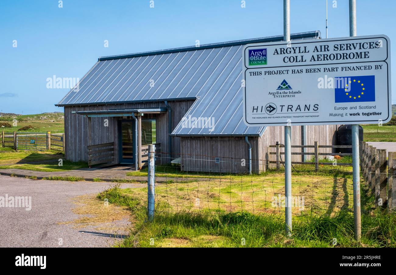 Airport terminal and signage on the island of Coll, Scotland Stock ...
