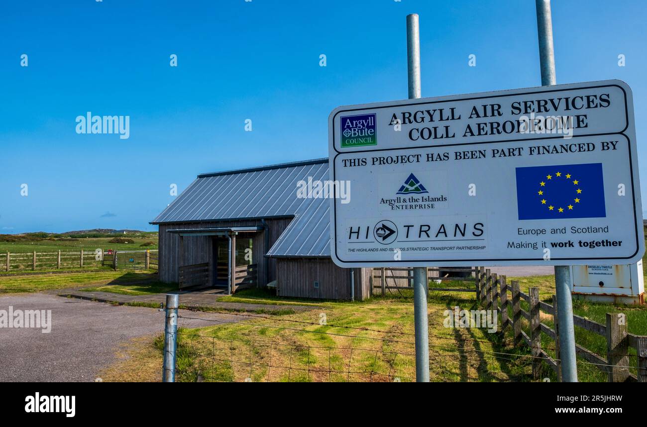 Airport terminal and signage on the island of Coll, Scotland Stock ...