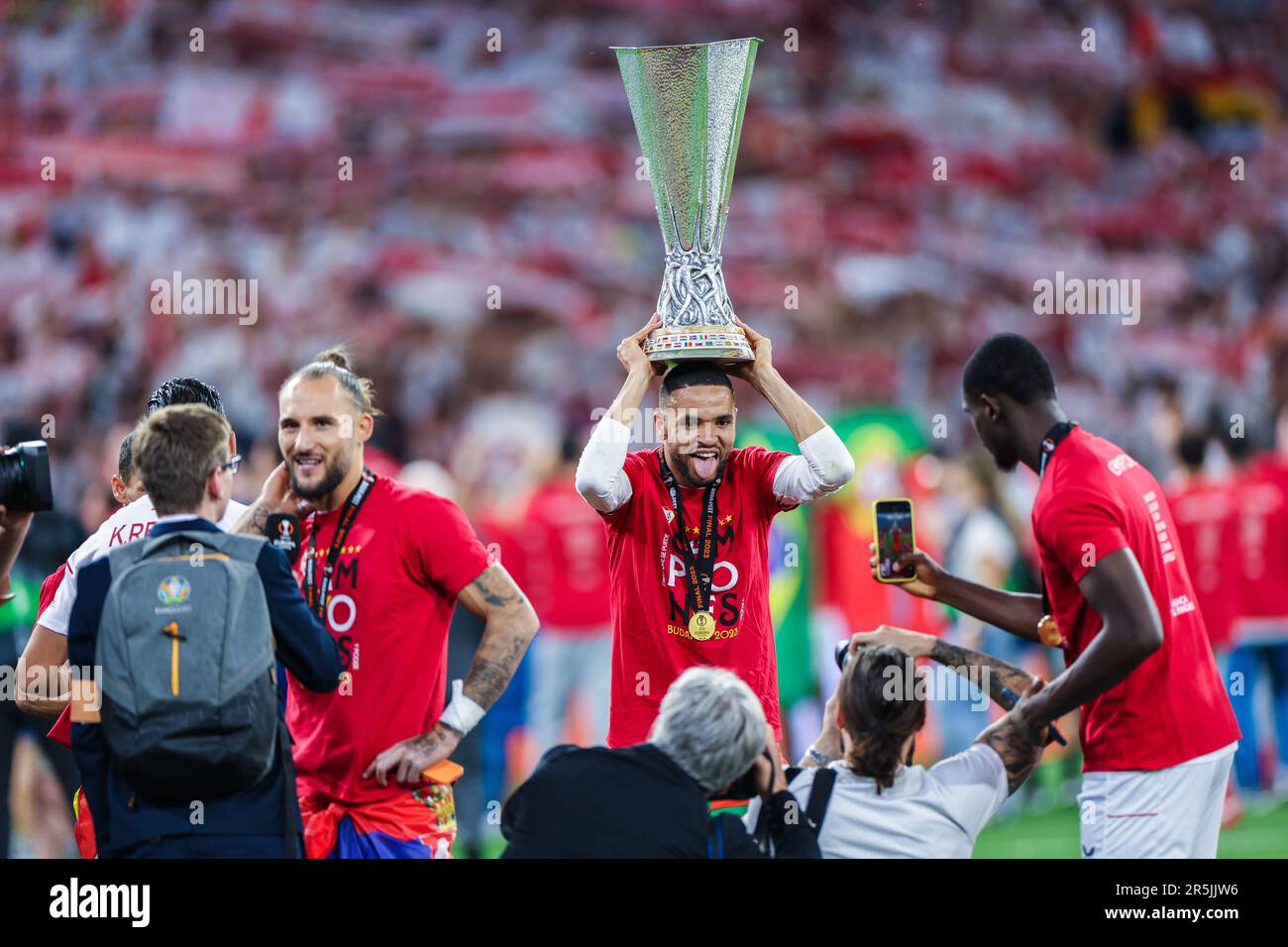 Yousef En-Nesyri of Sevilla celebrates with a trophy after the UEFA ...
