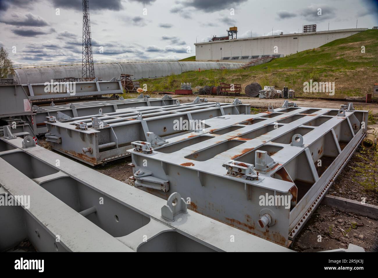 Waterworks facility (hydro unit). Steel dam shutters on the ground ...