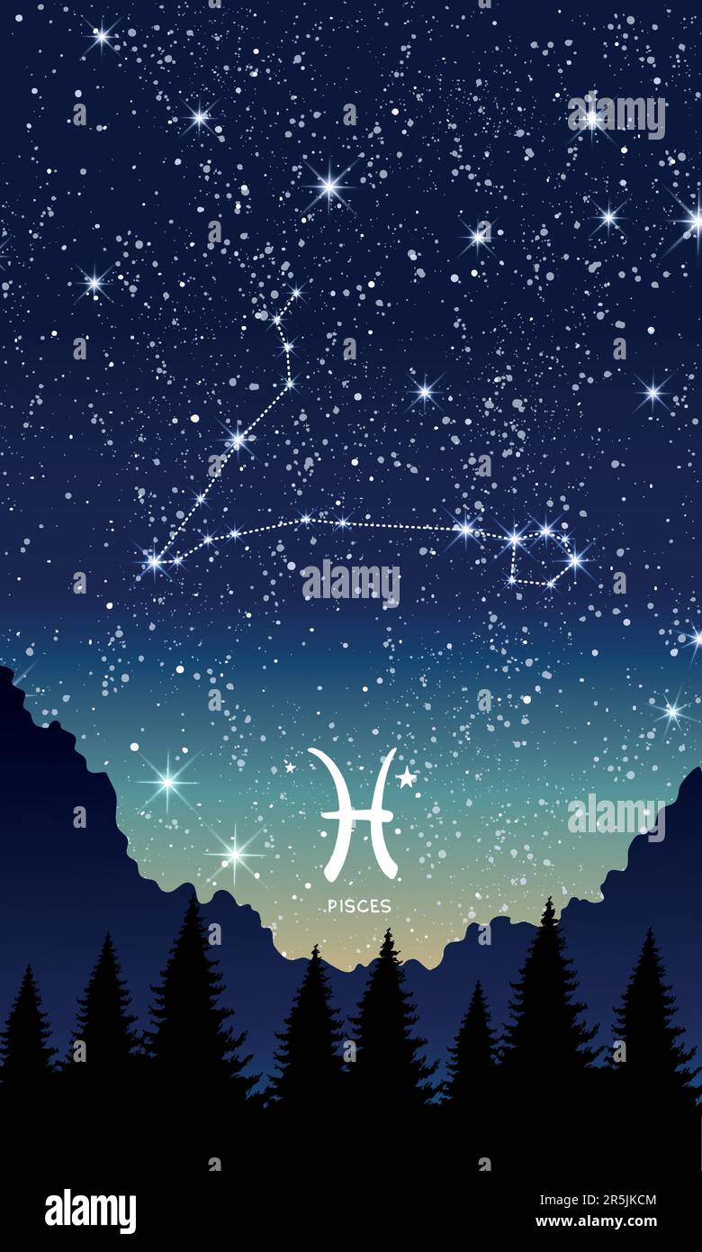 Pisces zodiac sign, horoscope constellation in the night sky, vertical ...