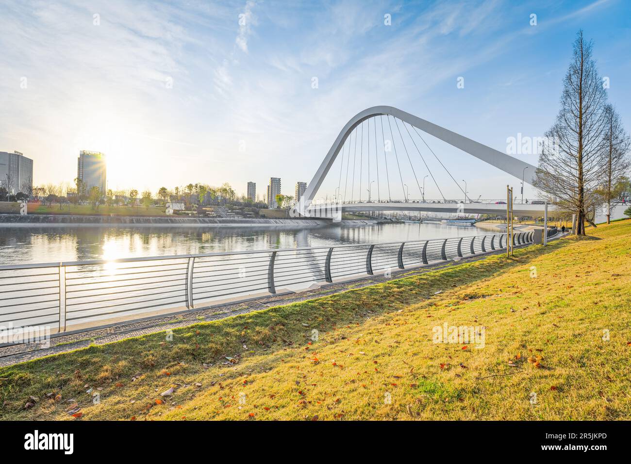 Early morning Chengdu sunrise bridge grassland Stock Photo - Alamy