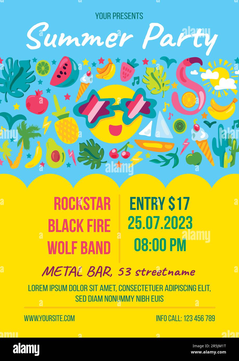 Vertical summer sea party A4 banner with sun, fruits, boat and ...