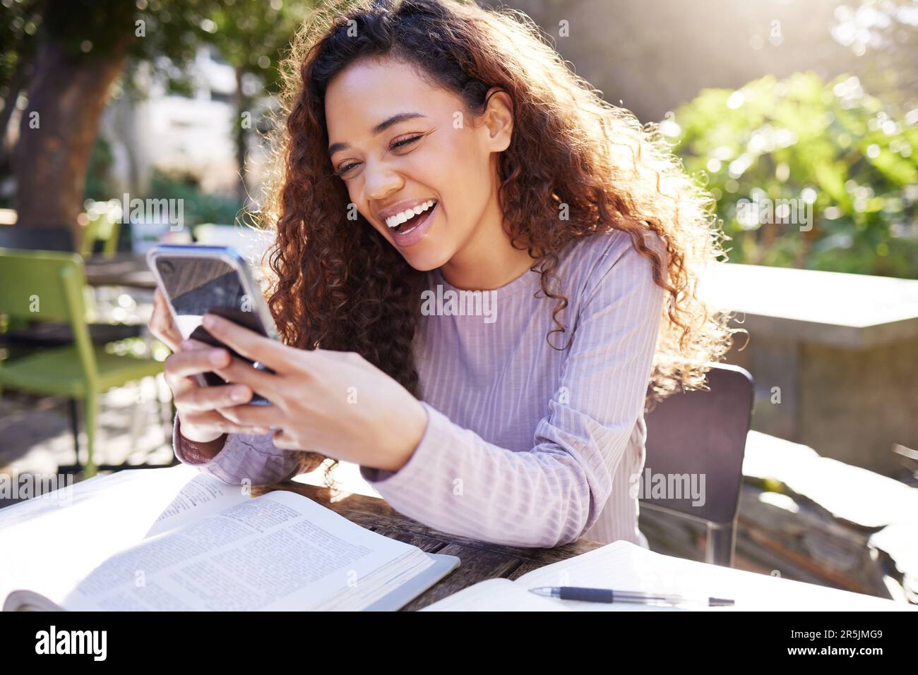 Phone, study and happy woman at cafe, outdoor campus or college on ...