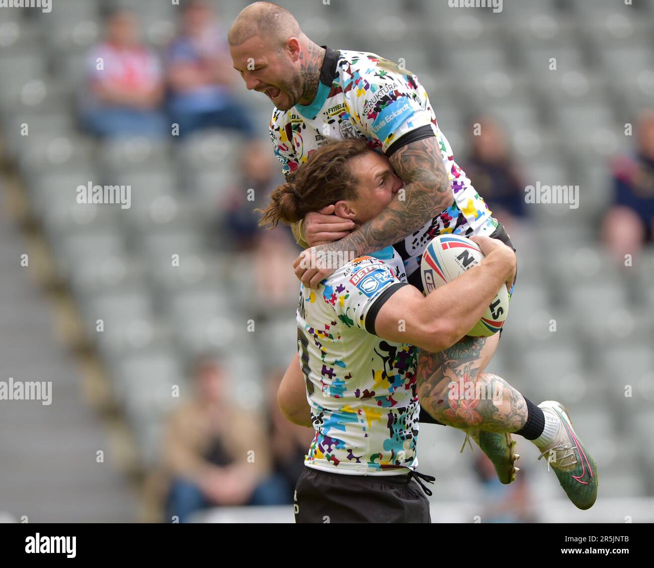 Rob Mulhern #10 of Leigh Leopards celebrates his try during the Magic ...