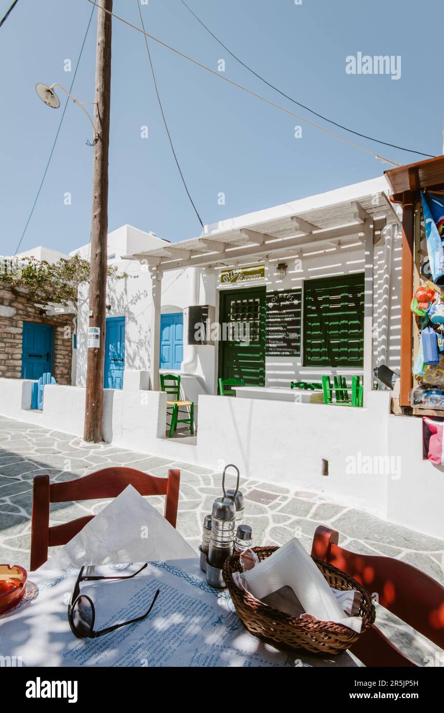 Traditional Greek Taverna with Outdoor Seating on Folegandros Stock ...