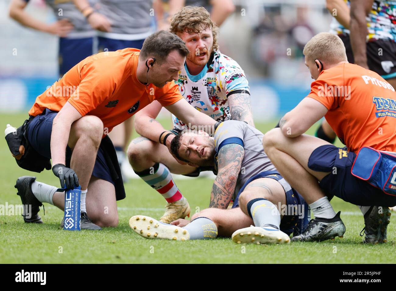 Wakefield Trinity’s Jay Pitts receives medical attention during the ...