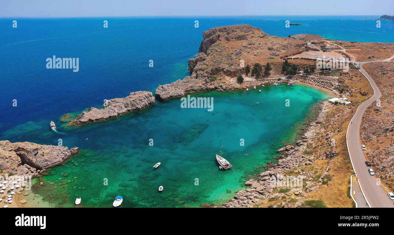 Aerial birds eye view drone photo Saint Paul bay near village Lindos ...