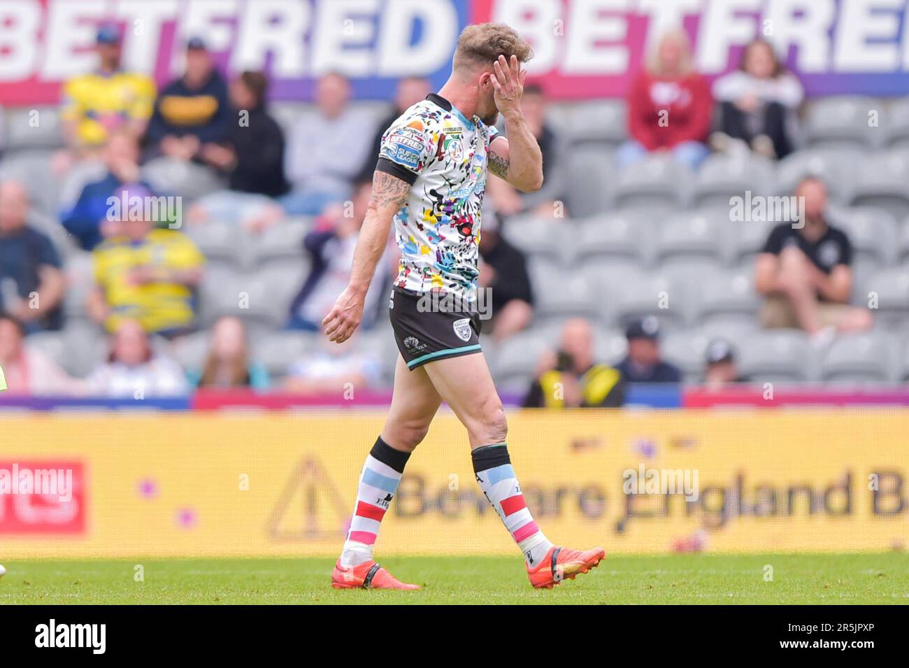 Ben Reynolds #15 of Leigh Leopards receives a red card during the Magic Weekend match Wakefield ...