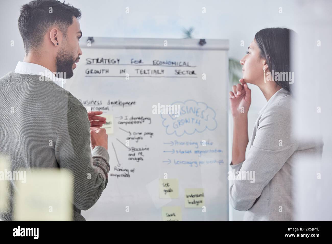 Thinking, whiteboard and people planning for business growth ...