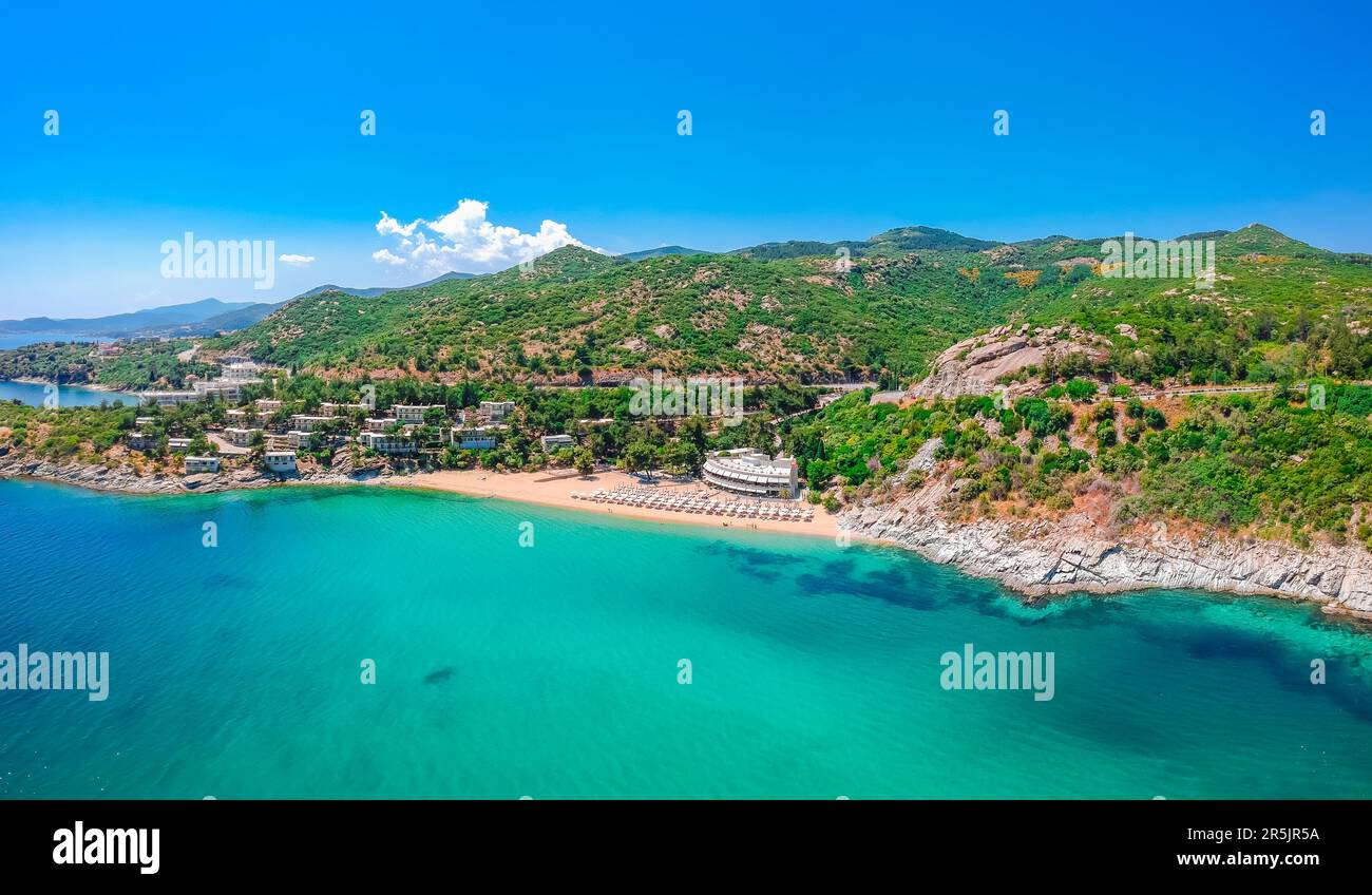 Aerial view of Tosca beach and blue water near Kavala, Greece, Europe ...