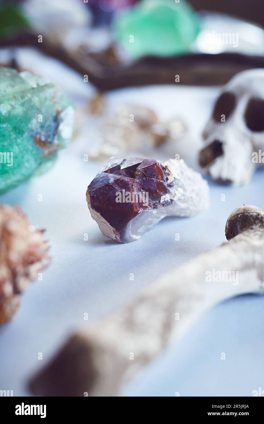 Lonely little crystal. High angle shot of a table filled with different ...