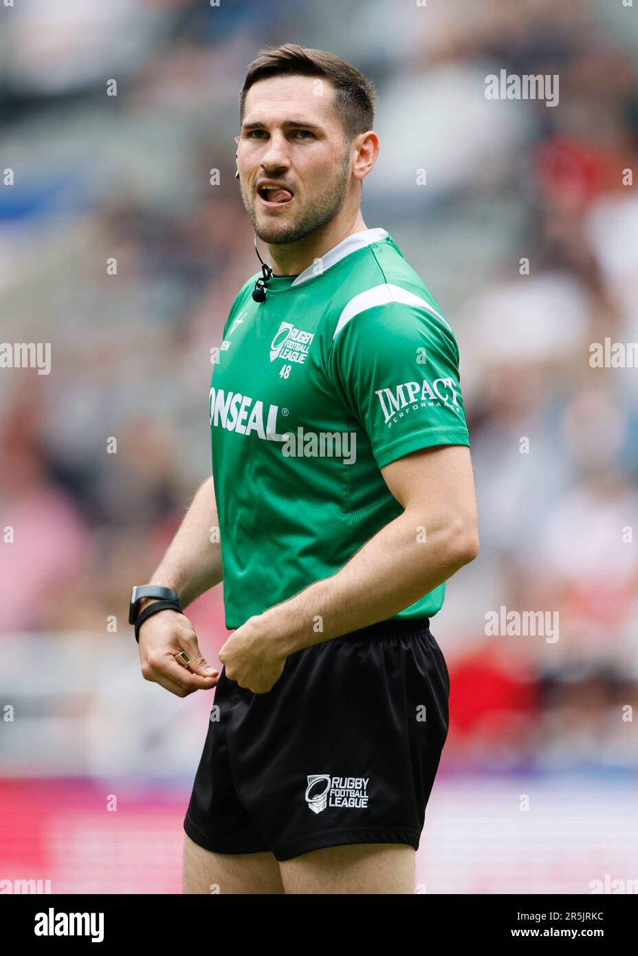 Referee Aaron Moore looks on during the Betfred Super League match at St. James' Park, Newcastle ...