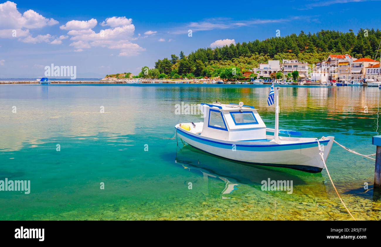 Sea, traditional Greek boat in Limenas, Thassos island, Greece, Europe ...