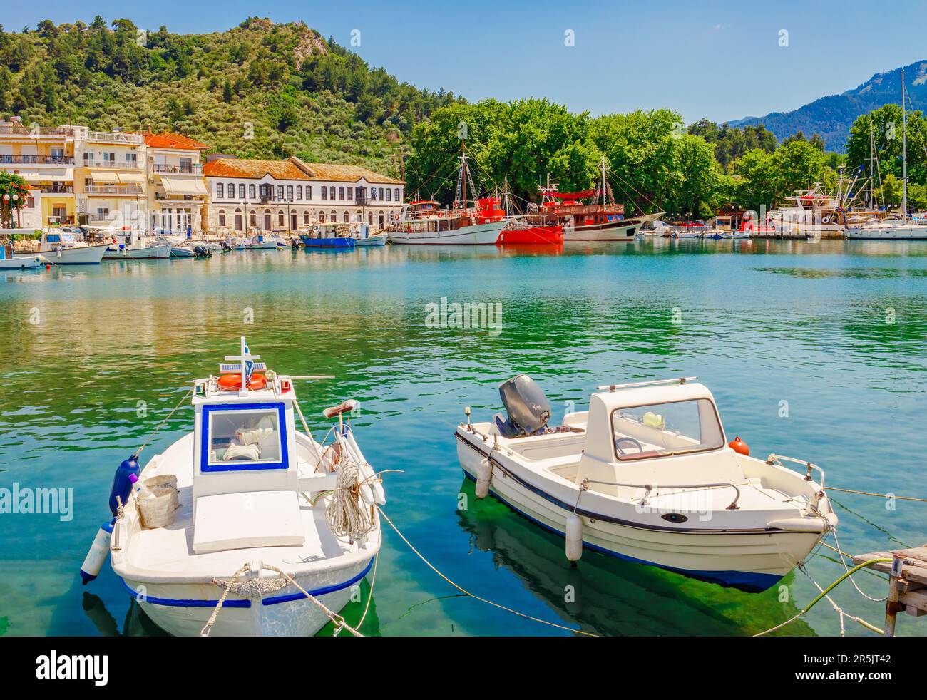 Sea, bay and Greek boats in Limenas, Thassos island, Greece, Europe ...