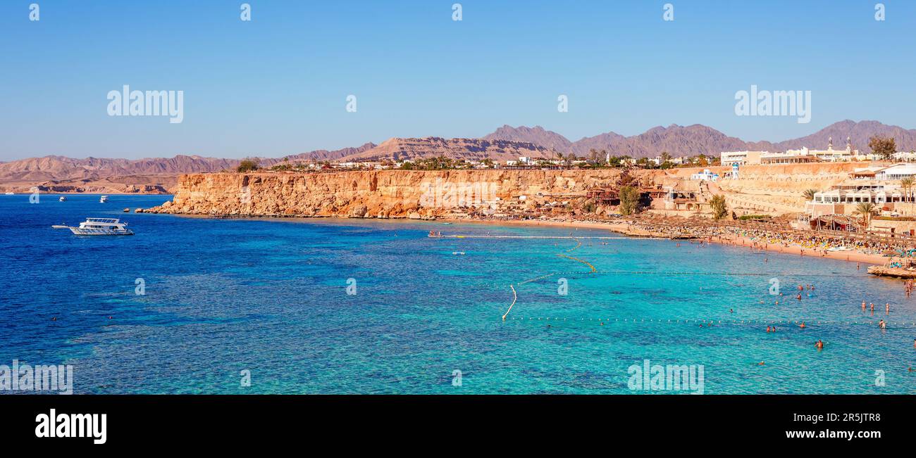 Sunny resort beach on the Red Sea in Sharm el Sheikh, Sinai, Egypt ...