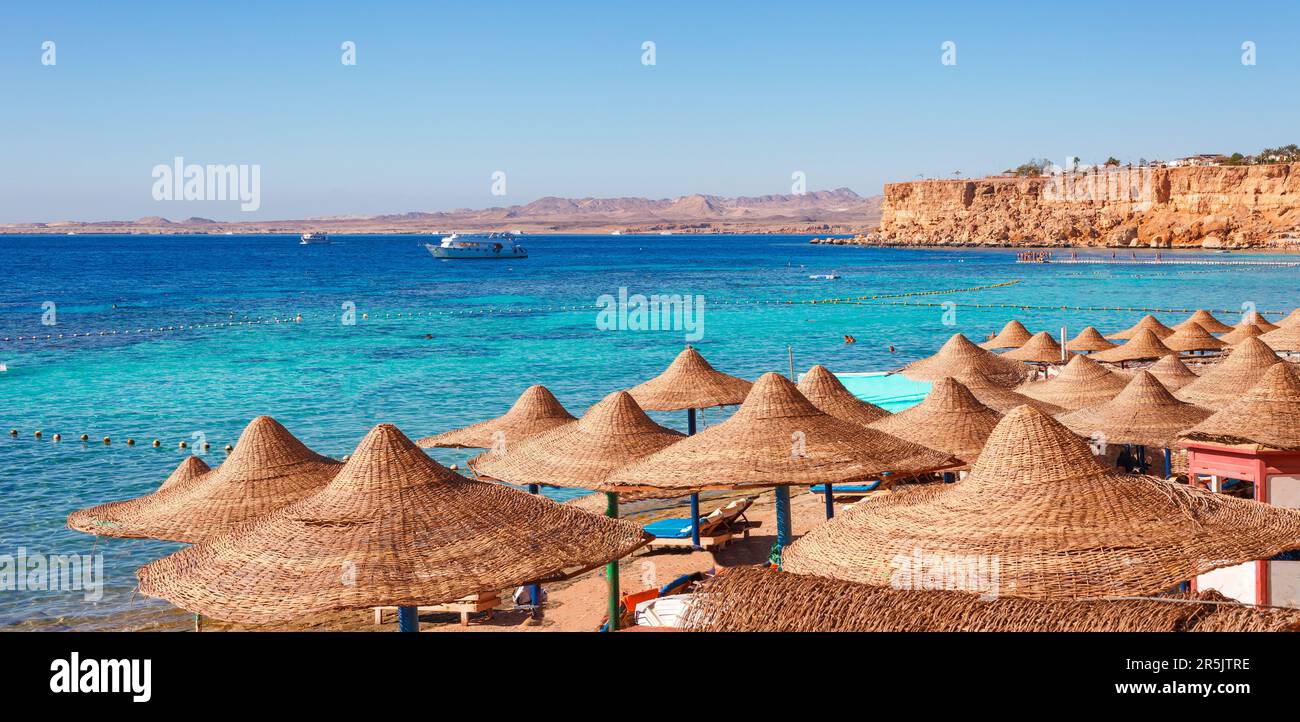 Sunny resort beach on the Red Sea in Sharm el Sheikh, Sinai, Egypt ...