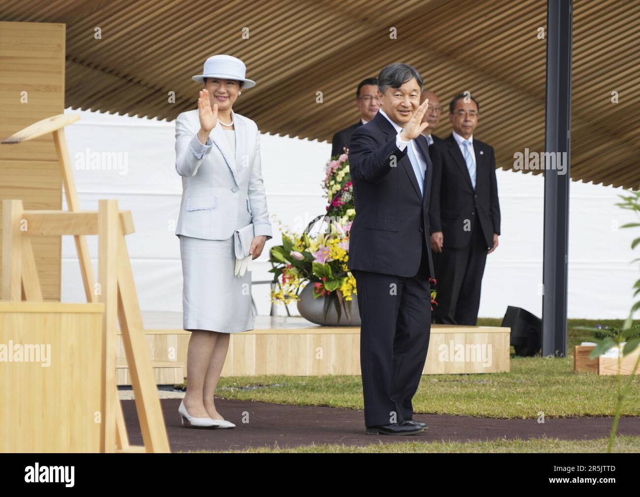 Japanese Emperor Naruhito (front) and Empress Masako attend a national ...