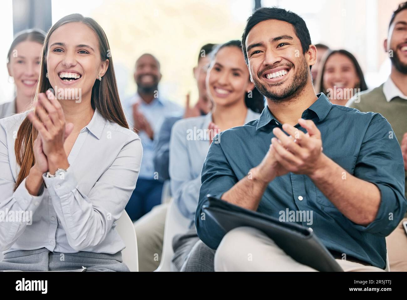 Business people, applause and staff in a workshop, celebration and ...