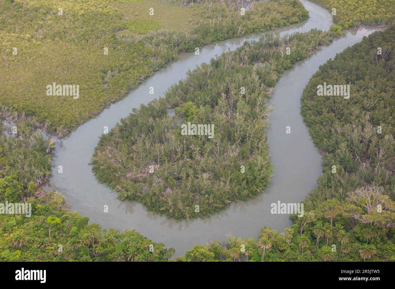 A photograph capturing a horseshoe-shaped meandering river in Sierra ...