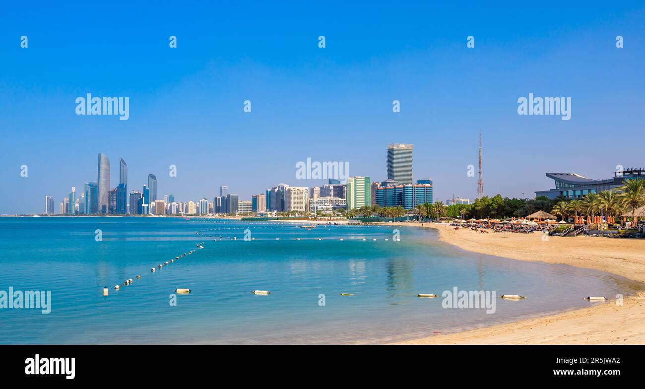 View of Abu Dhabi with sea, beach and skyscrapers. Travel in UAE Stock ...