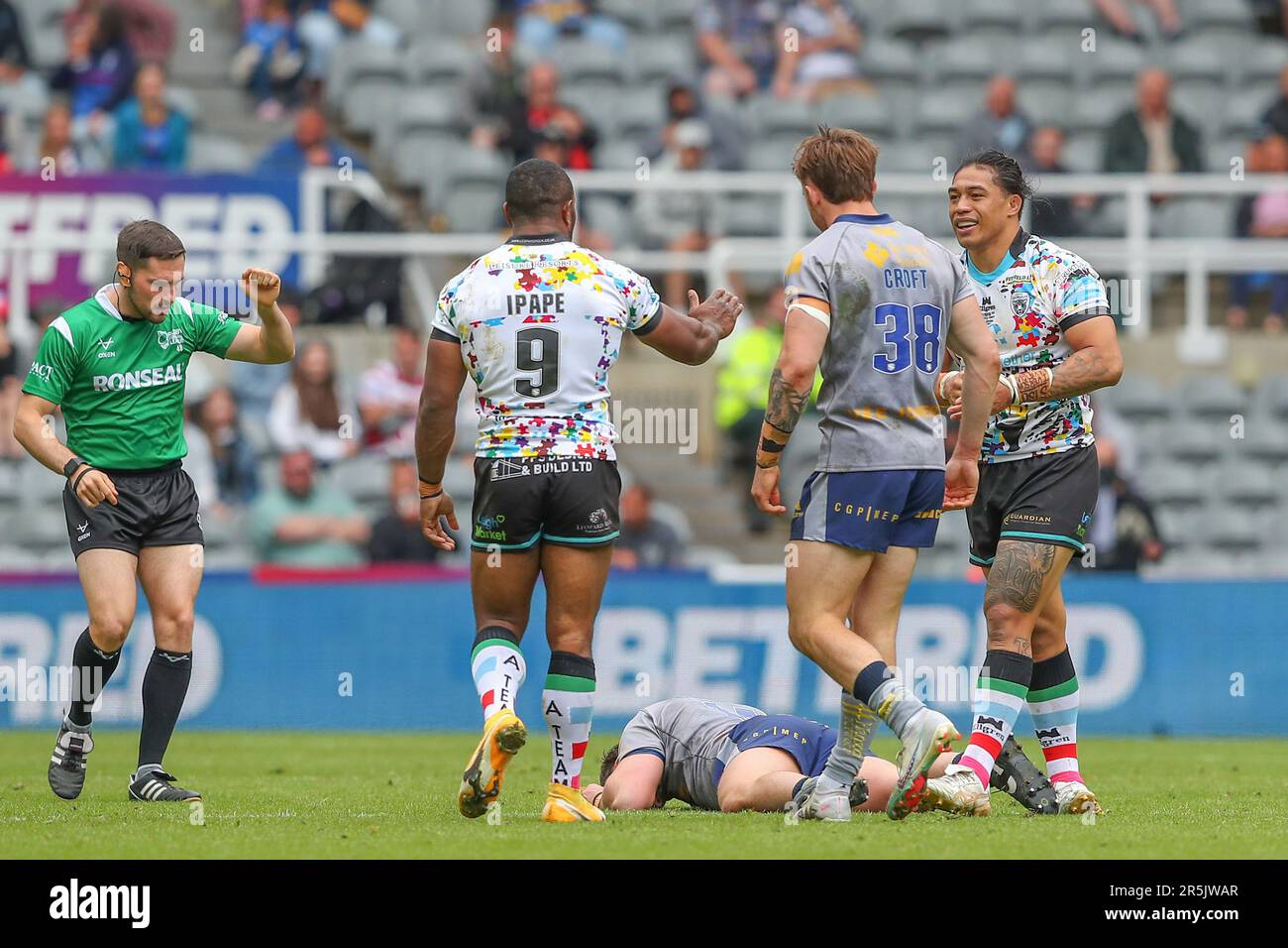 Jordan Crowther #14 of Wakefield Trinity goes down injured during the ...