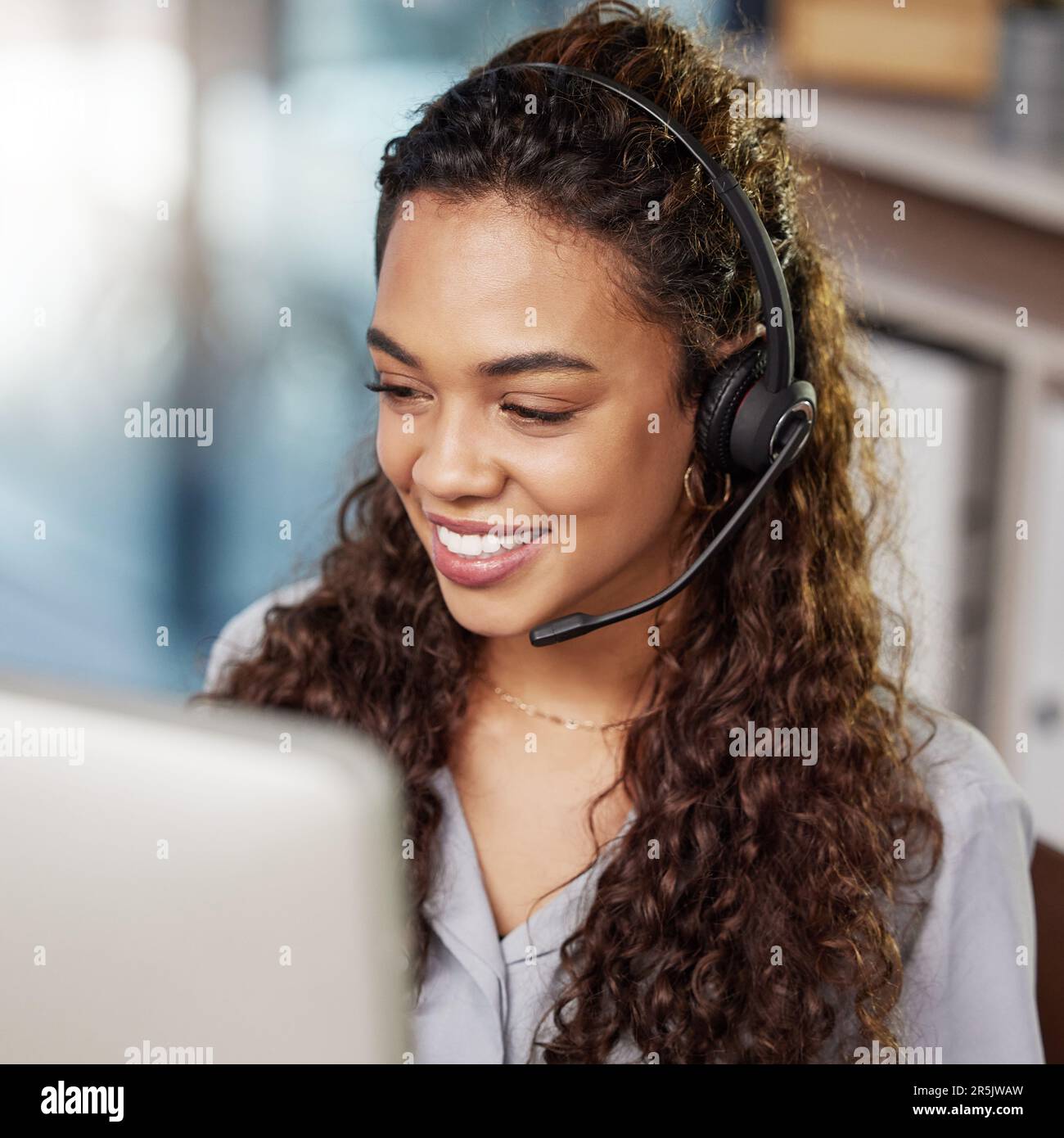 Call center communication, computer or happy woman typing at telecom ...