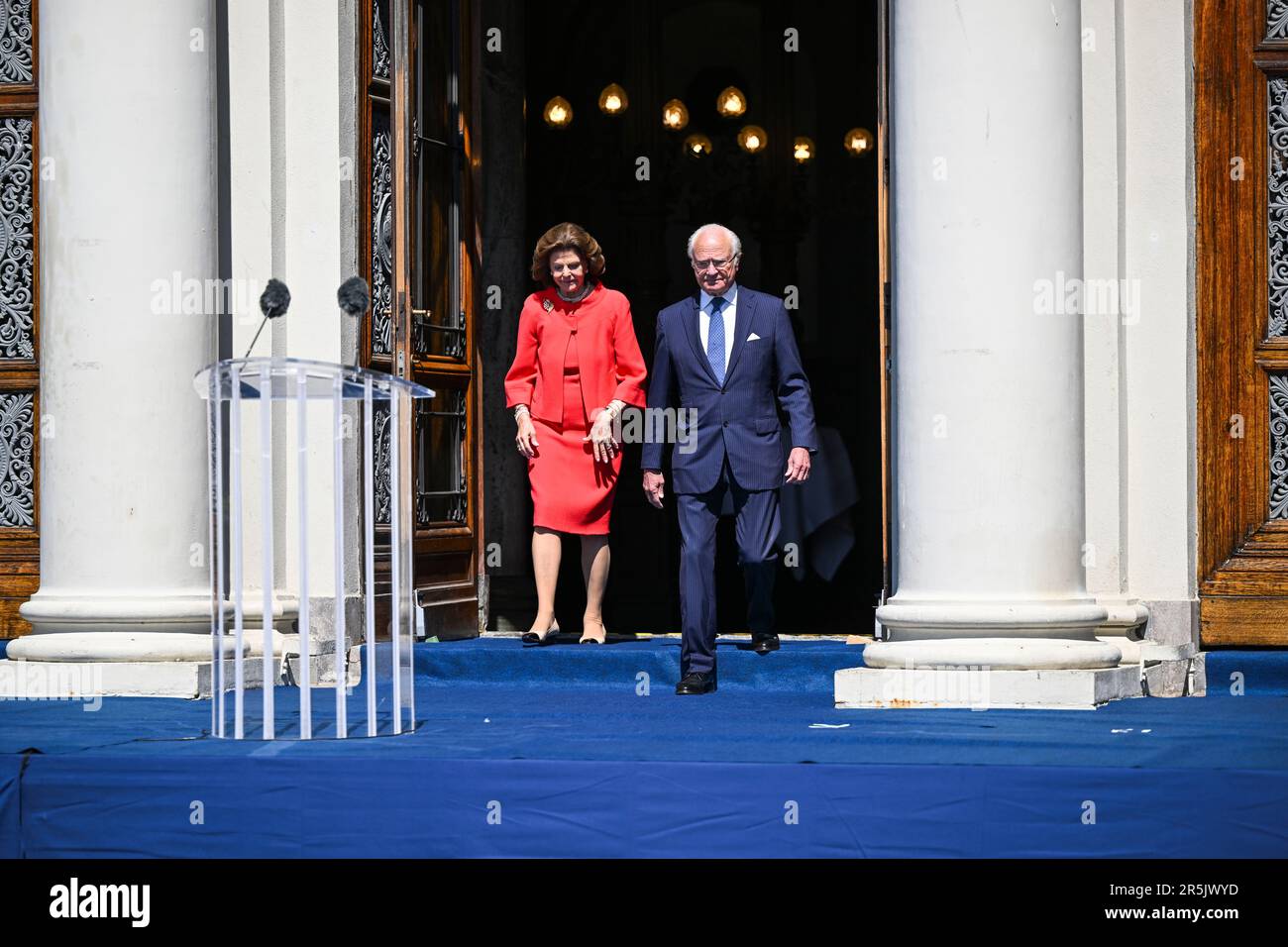 King Carl Gustaf and Queen Silvia at Gustaf Adolfs Torg during their ...