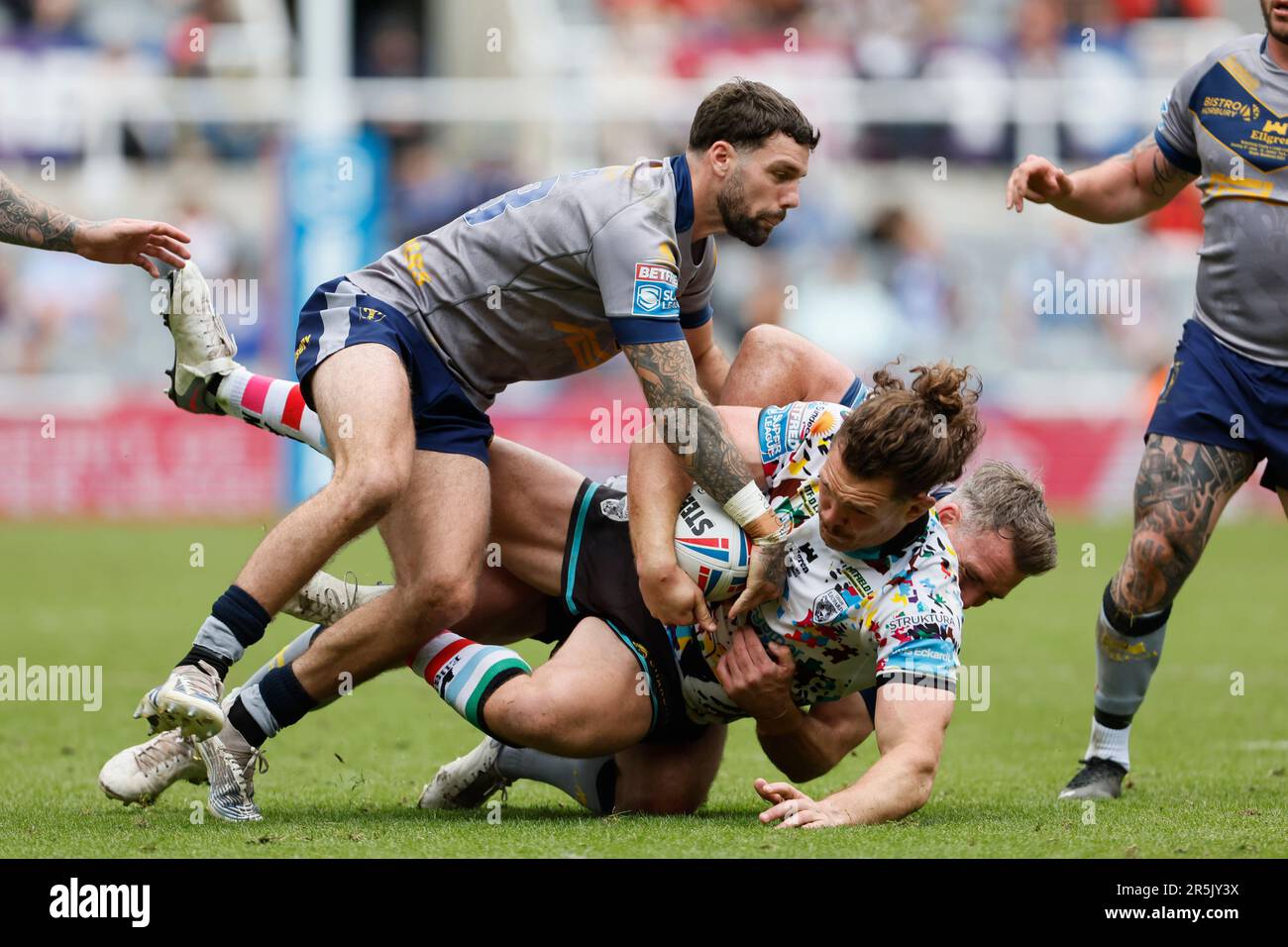 Leigh Leopards’ Robbie Mulhern is tackled during the Betfred Super ...