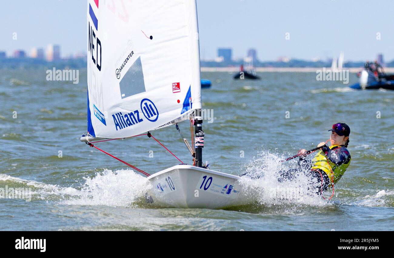 ALMERE - Maxime Jonker in the class ILCA6 during the medal races of the ...