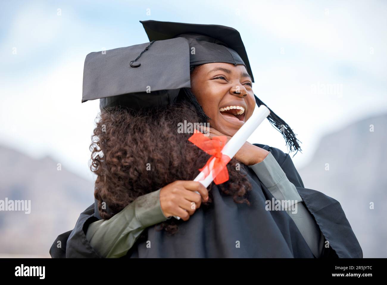Graduation hug, excited and women with certificate for scholarship ...