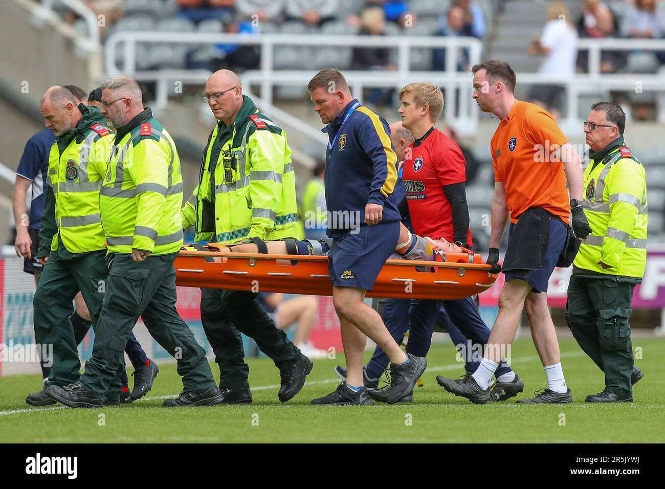 Jack Croft #38 of Wakefield Trinity is carried off on stretcher during ...