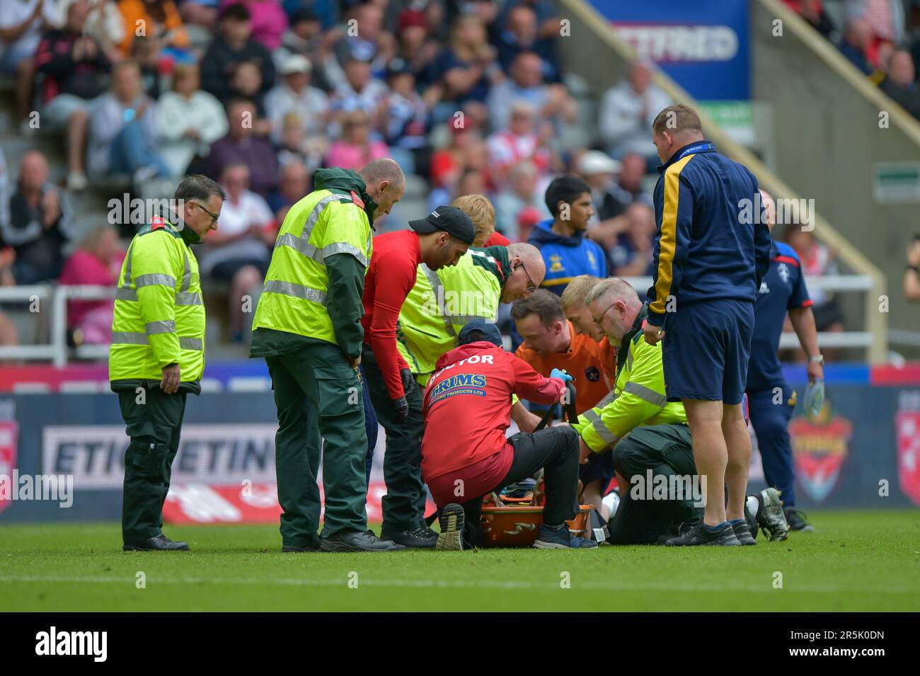 Jack Croft #38 of Wakefield Trinity receives medical attention during ...