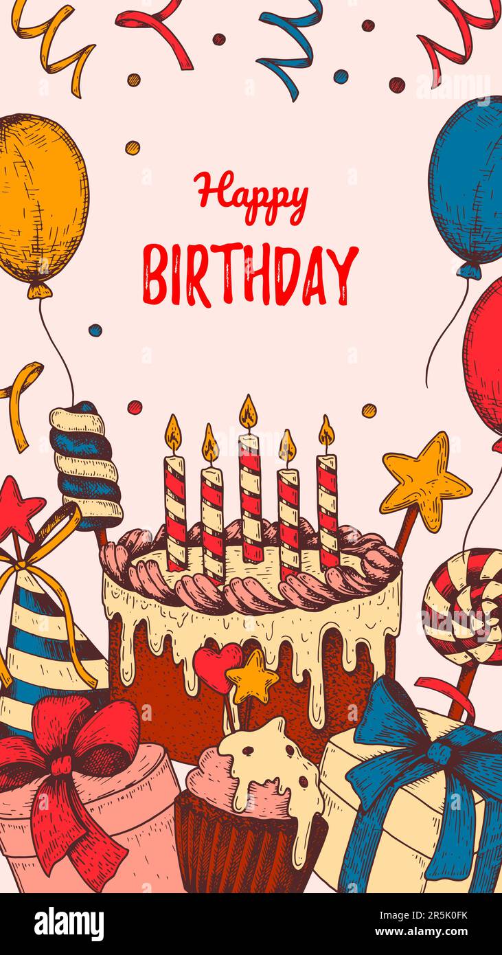 Birthday vertical greeting card. Poster with hand drawn elements ...